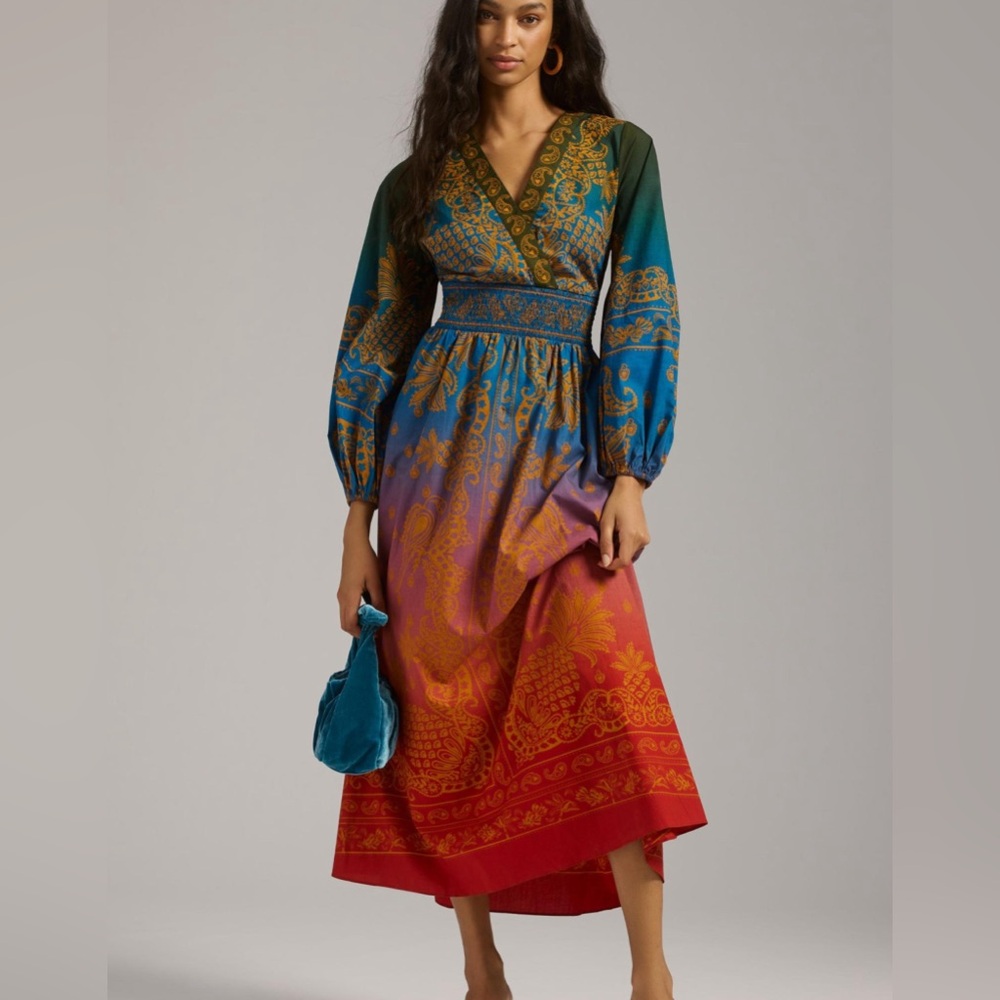 Farm Rio Blue Motif Smocked Waist Dress Size Small Ne… - Gem